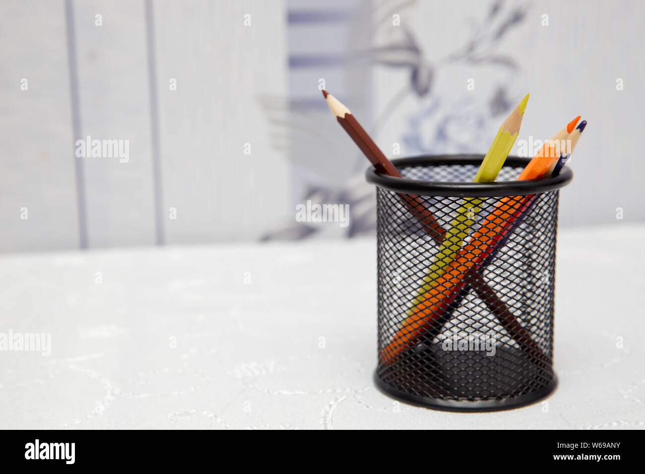 Box for pens and pencils . Colored pencils in a pencil case on white ...