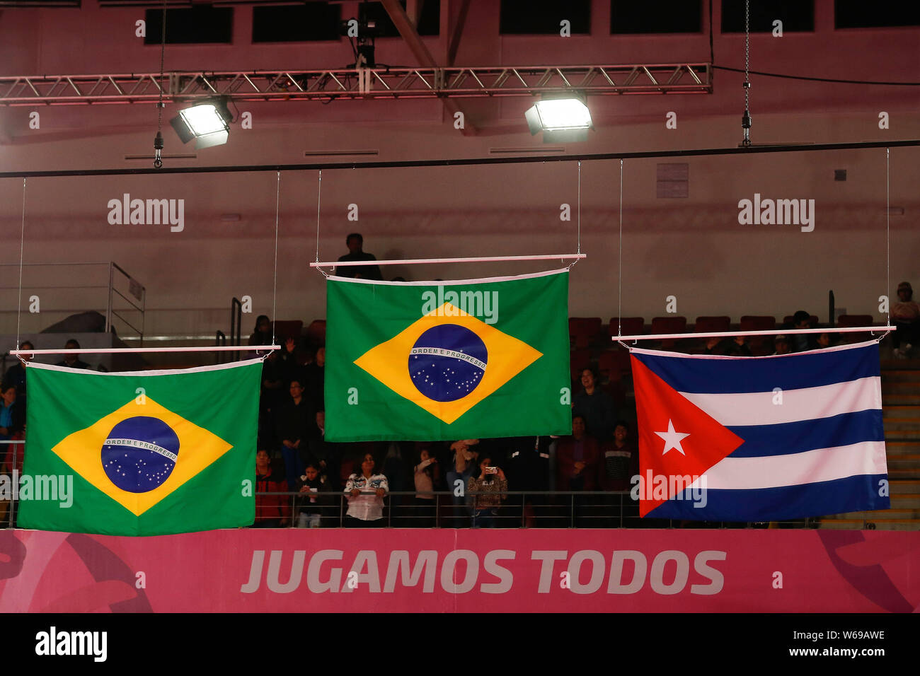Lima, Peru. 31st July, 2019. Brazilian flags are raised during the ...