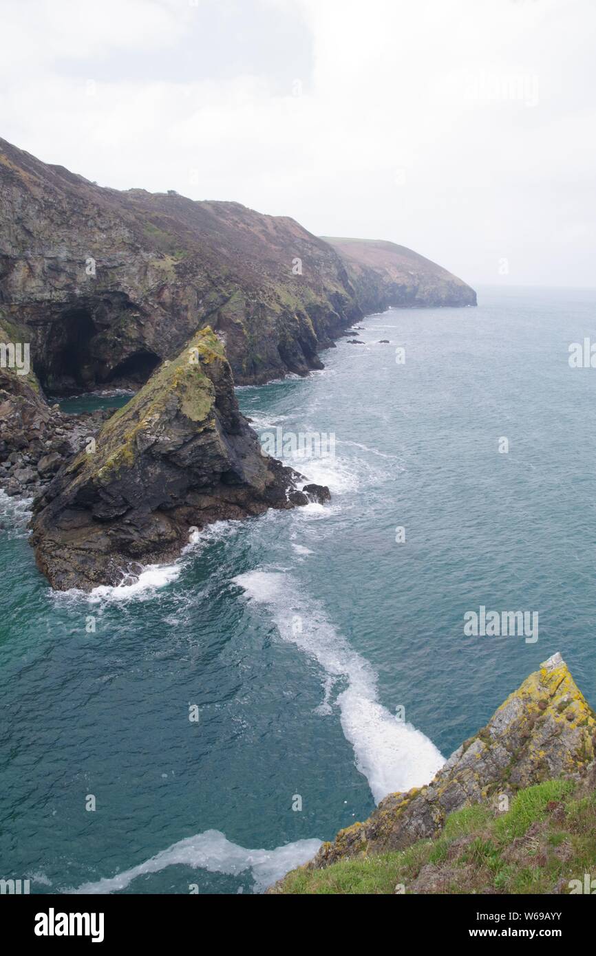 Dramatic Sea Cliffs, Sea Cave and Stack of St Agnes Head with Emerald ...