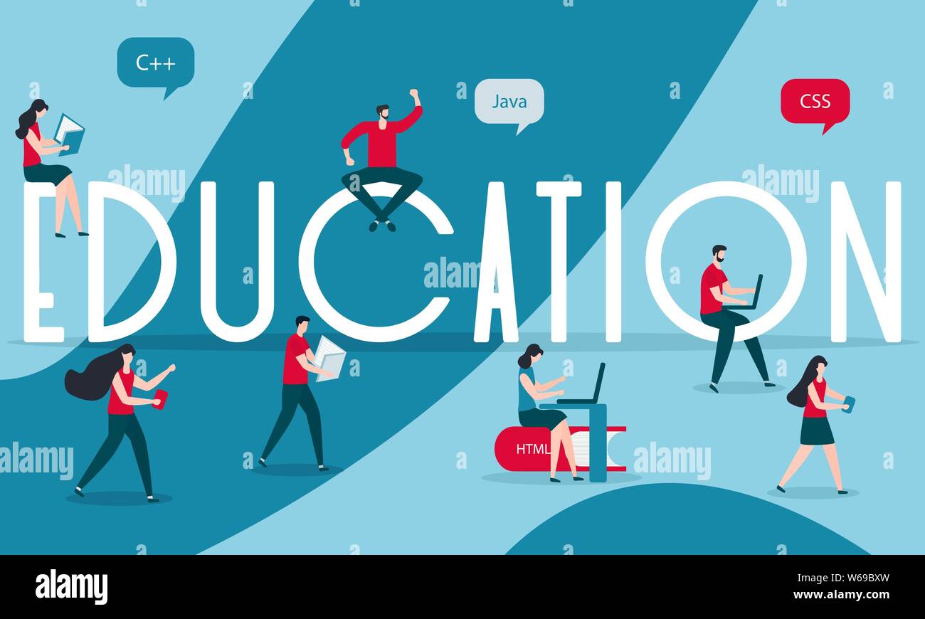 Vector illustration with inscription education, people studying manual ...
