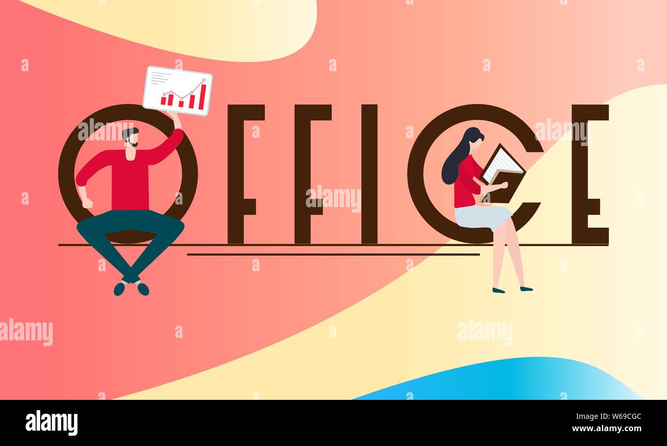 Vector illustration with office inscription and working people ...