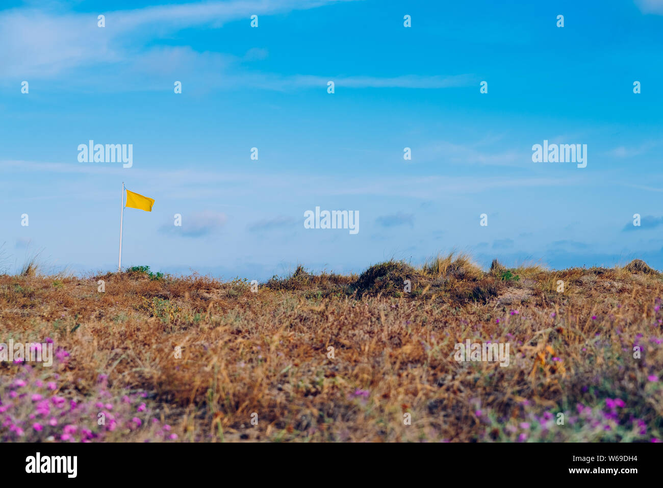 Yellow warning flag on a beach against the blue sky background Stock ...