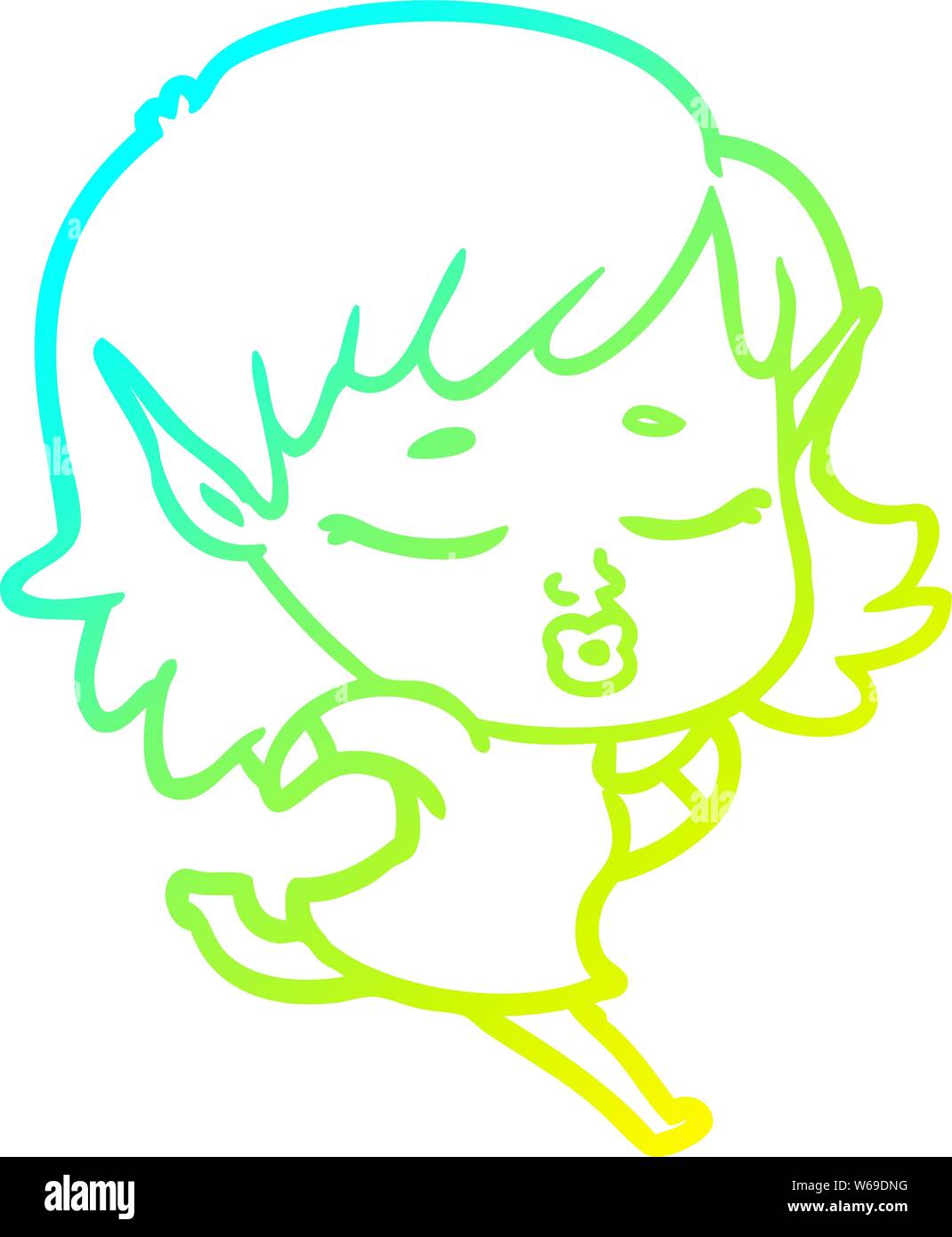 cold gradient line drawing of a pretty cartoon elf girl running Stock ...