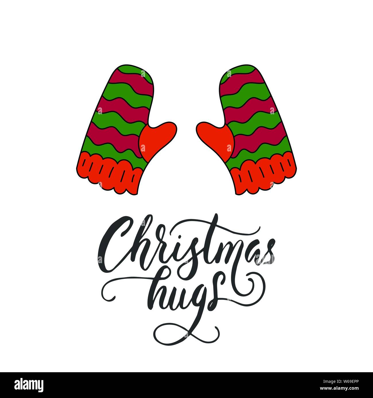 Christmas hugs. Vector Christmas card with hand lettering and winter ...