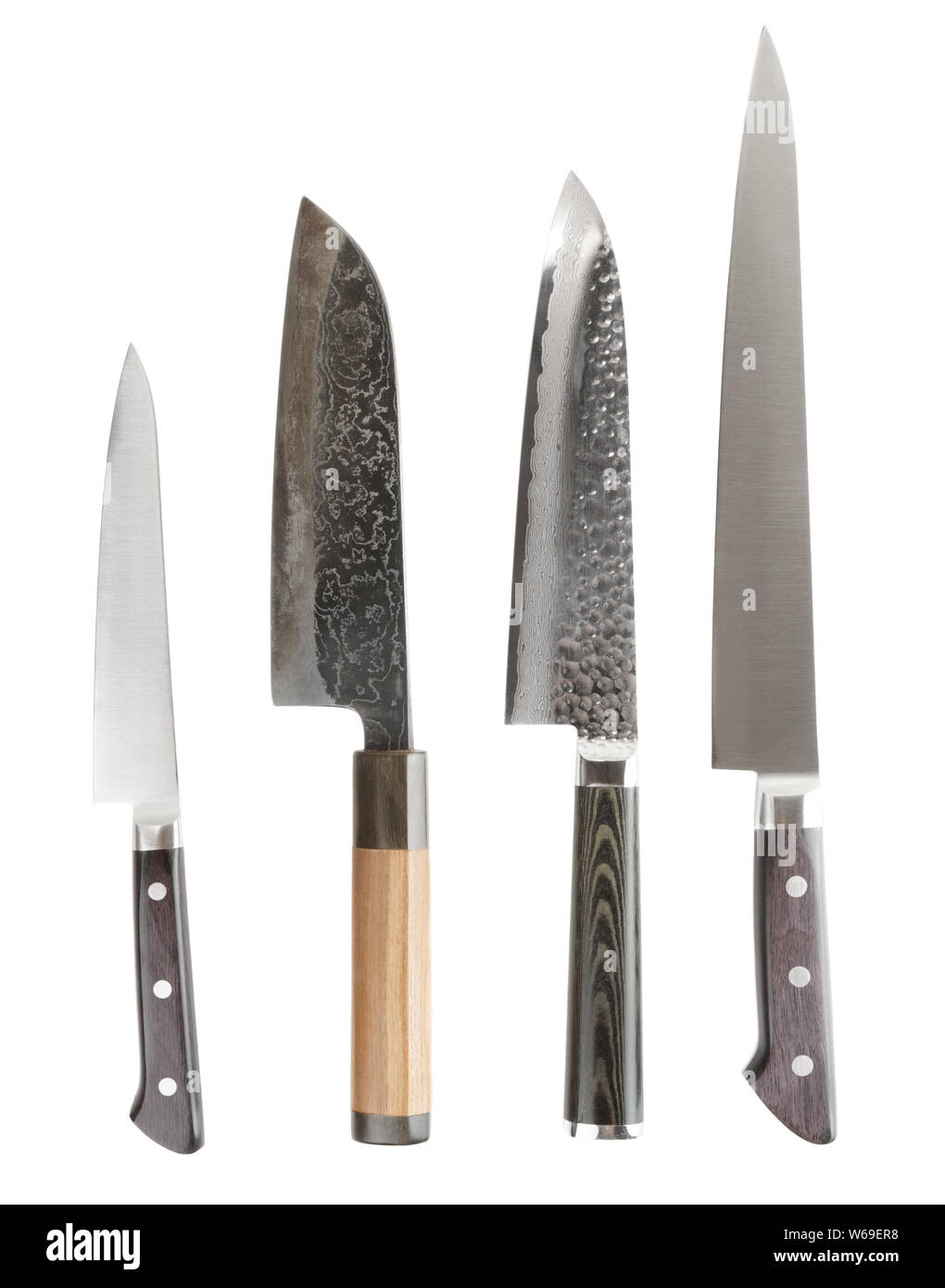 Four different kitchen knives on white background Stock Photo - Alamy