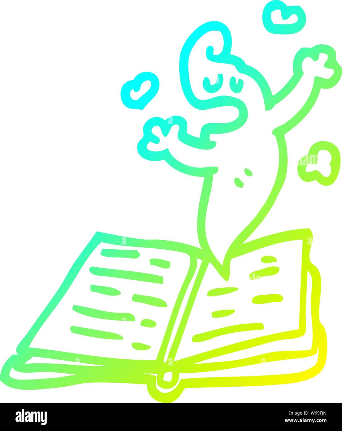 cold gradient line drawing of a cartoon spell book with ghost Stock ...