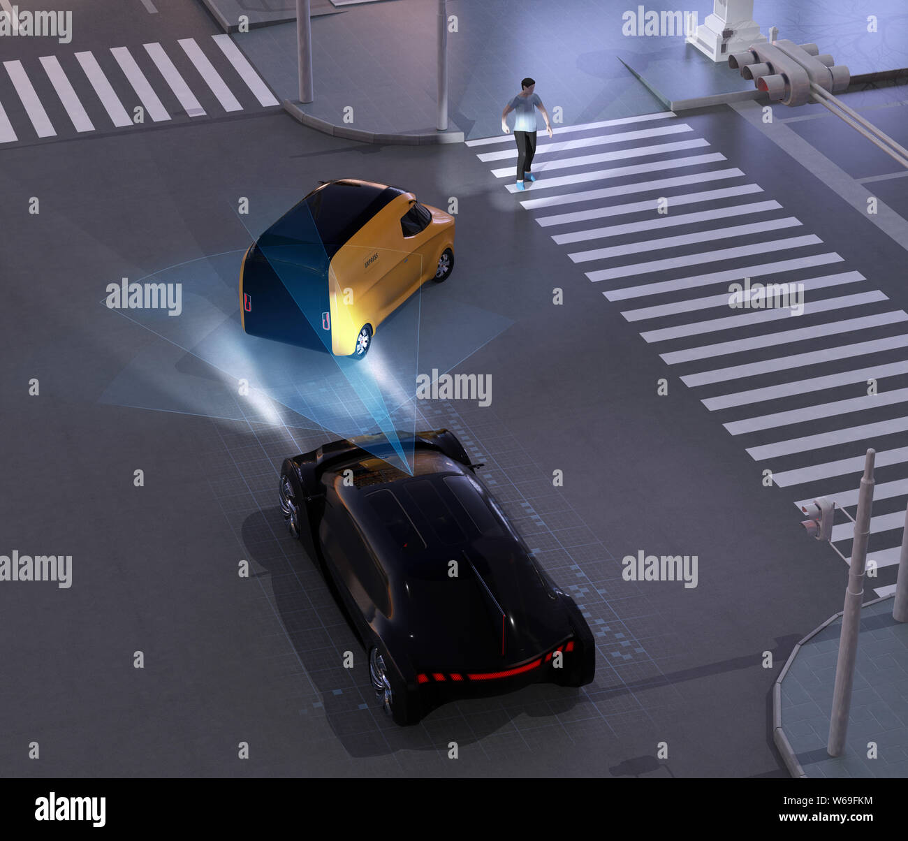 Black car emergency braking to avoid car accident from minivan waiting pedestrian walking cross ...