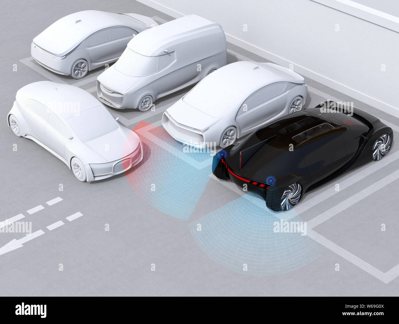 Head-in parking black car emergency stopped when the rear sensor ...