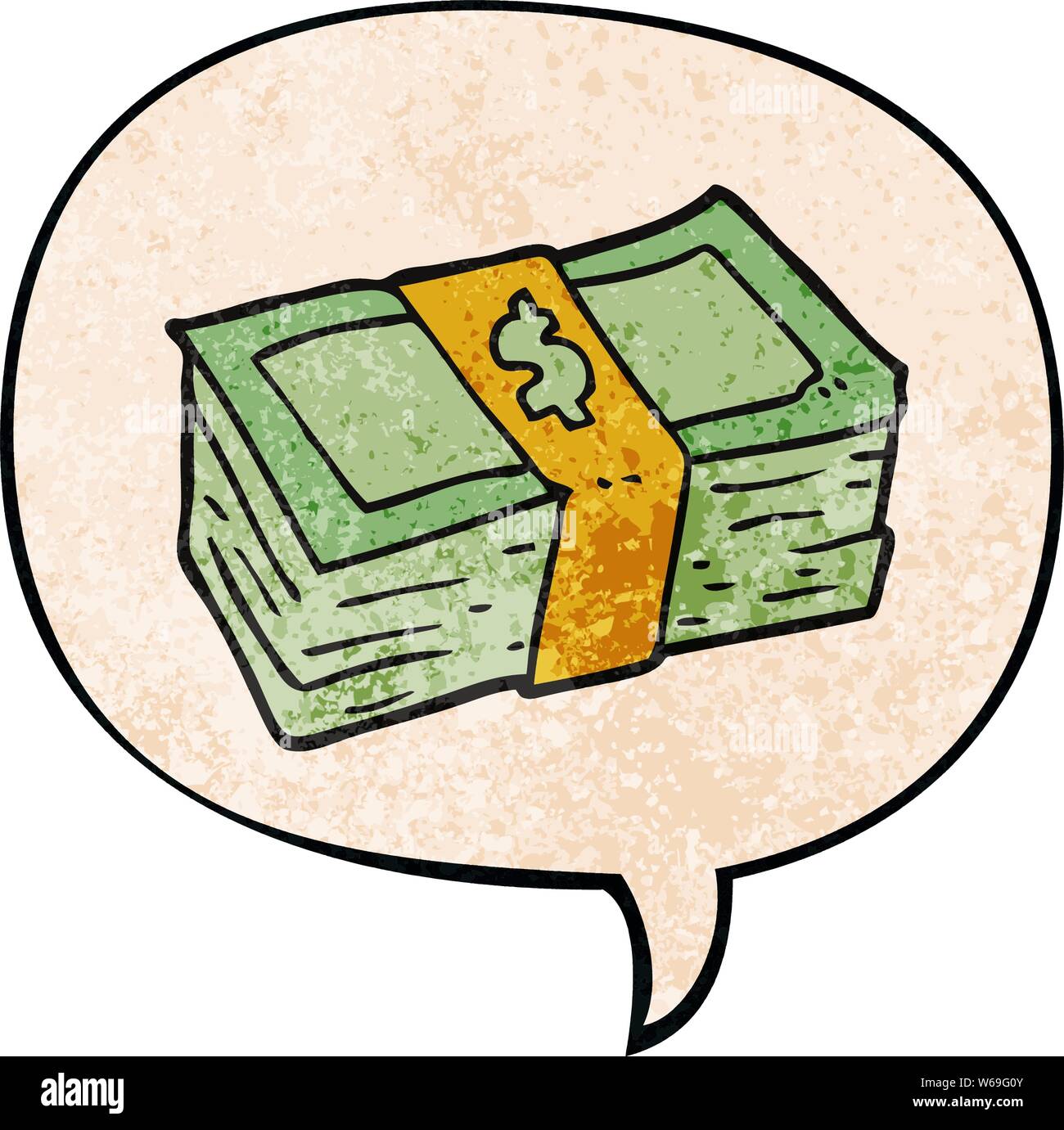 cartoon stack of cash with speech bubble in retro texture style Stock ...