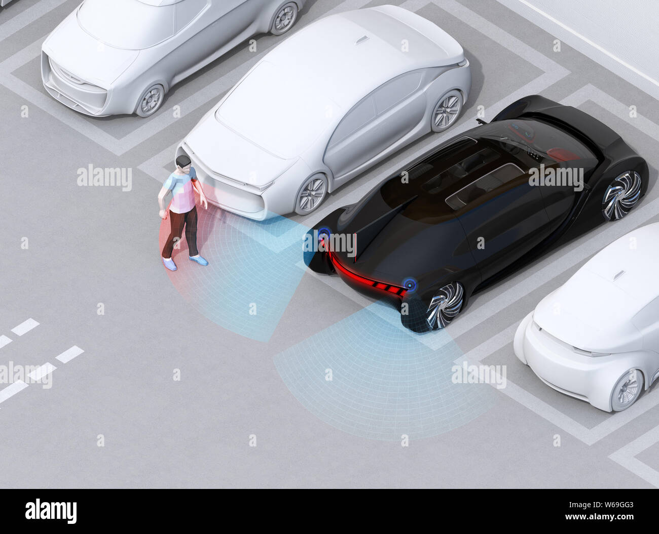 Head-in parking black car emergency stopped when the rear sensor ...