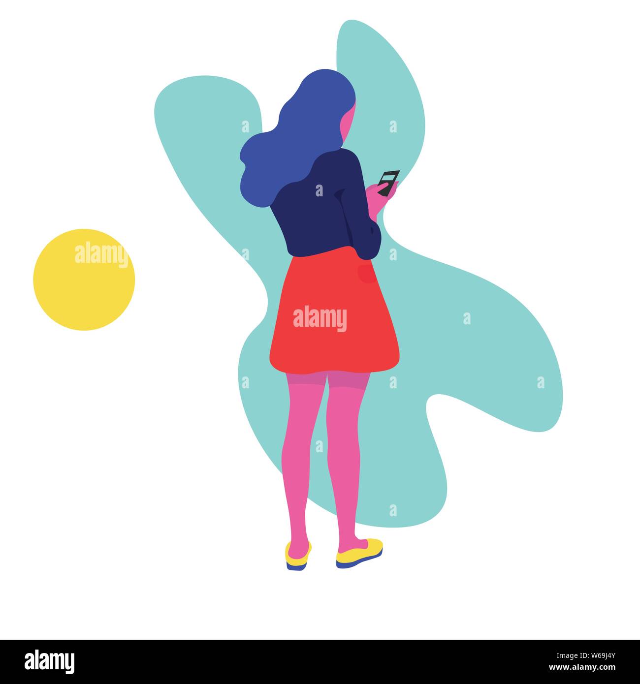 The girl looks at the smartphone. Bright vector illustration Stock ...