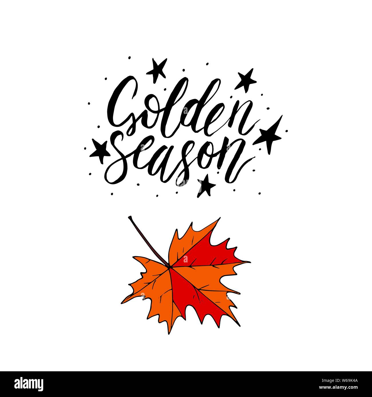 Golden season. Handdrawn unique autumn card with brush lettering quote ...