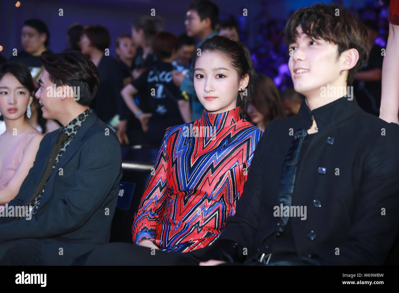 Chinese actress Guan Xiaotong and Chinese actor Wu Lei attend the 2018 Sina Weibo Film Night in ...