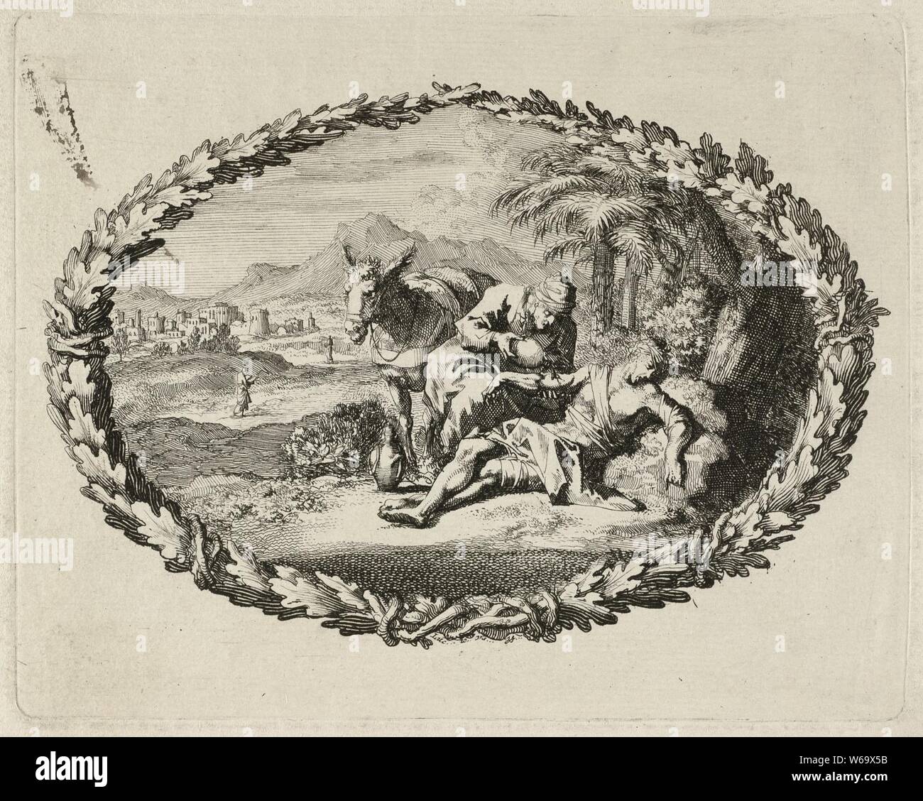 De barmhartige Samaritaan verzorgt de wonden van de gewonde reiziger ...