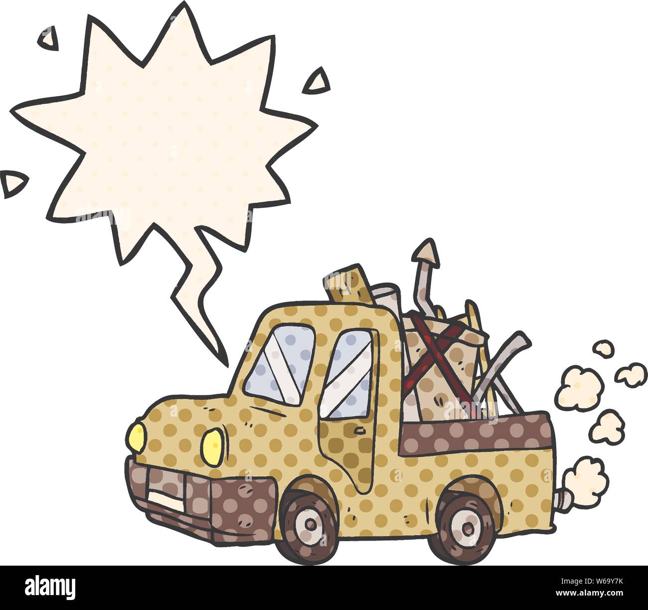 cartoon old truck full of junk with speech bubble in comic book style ...