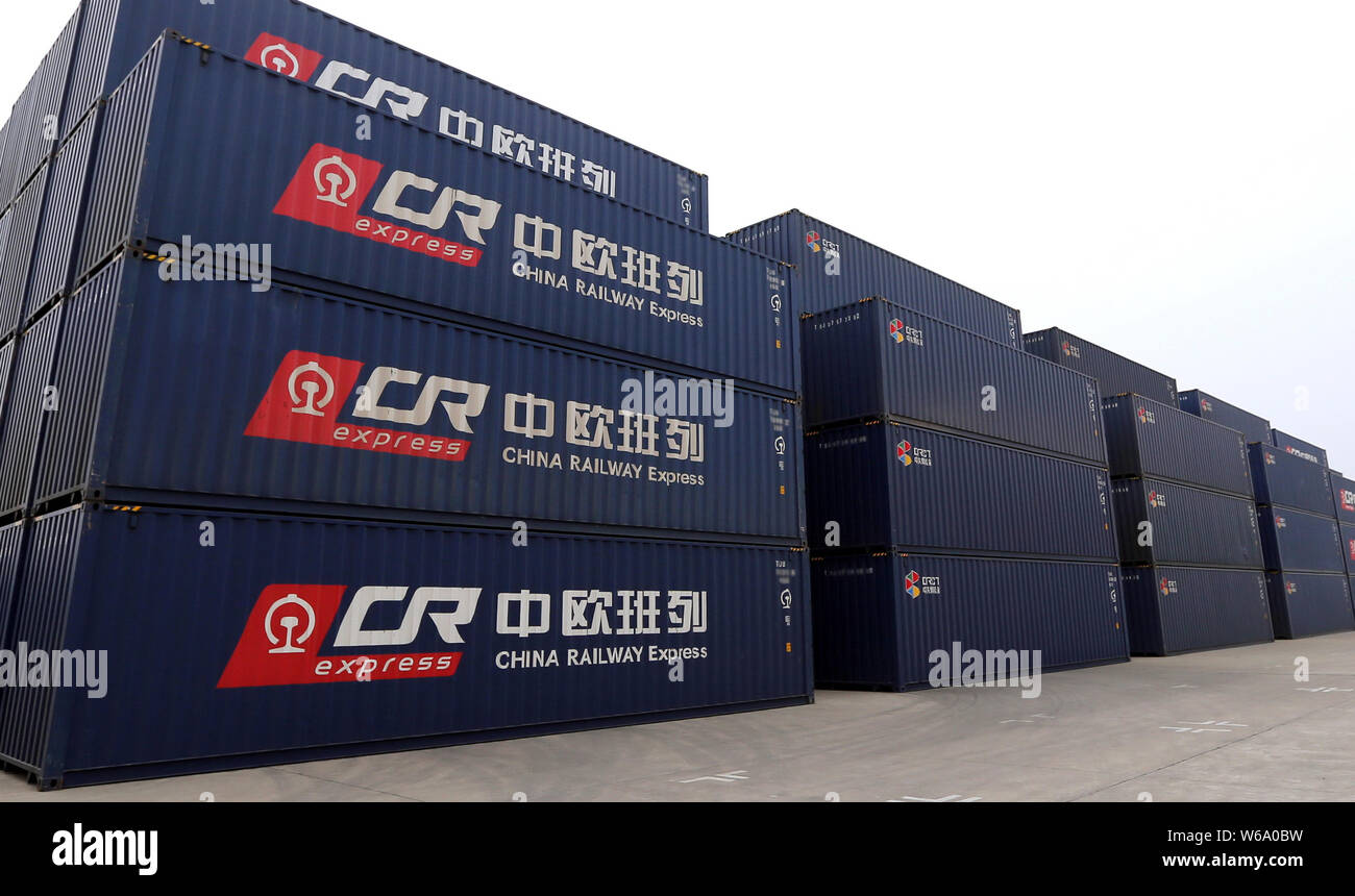 Cargo containers shipped by freight trains of the China-Europe Railway ...