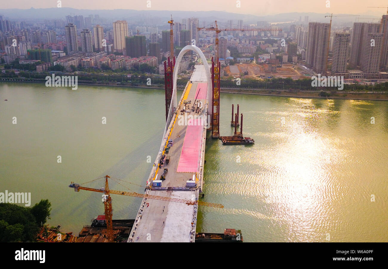 Aerial view of the construction site of the Baisha bridge, the world's ...