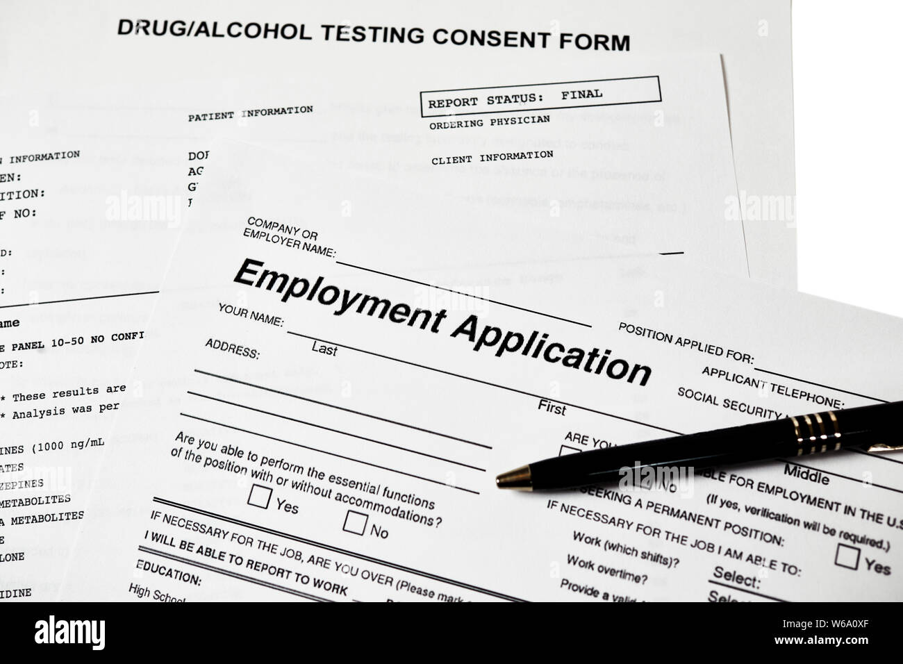 Employment application with a drug, alcohol test consent form and drub ...