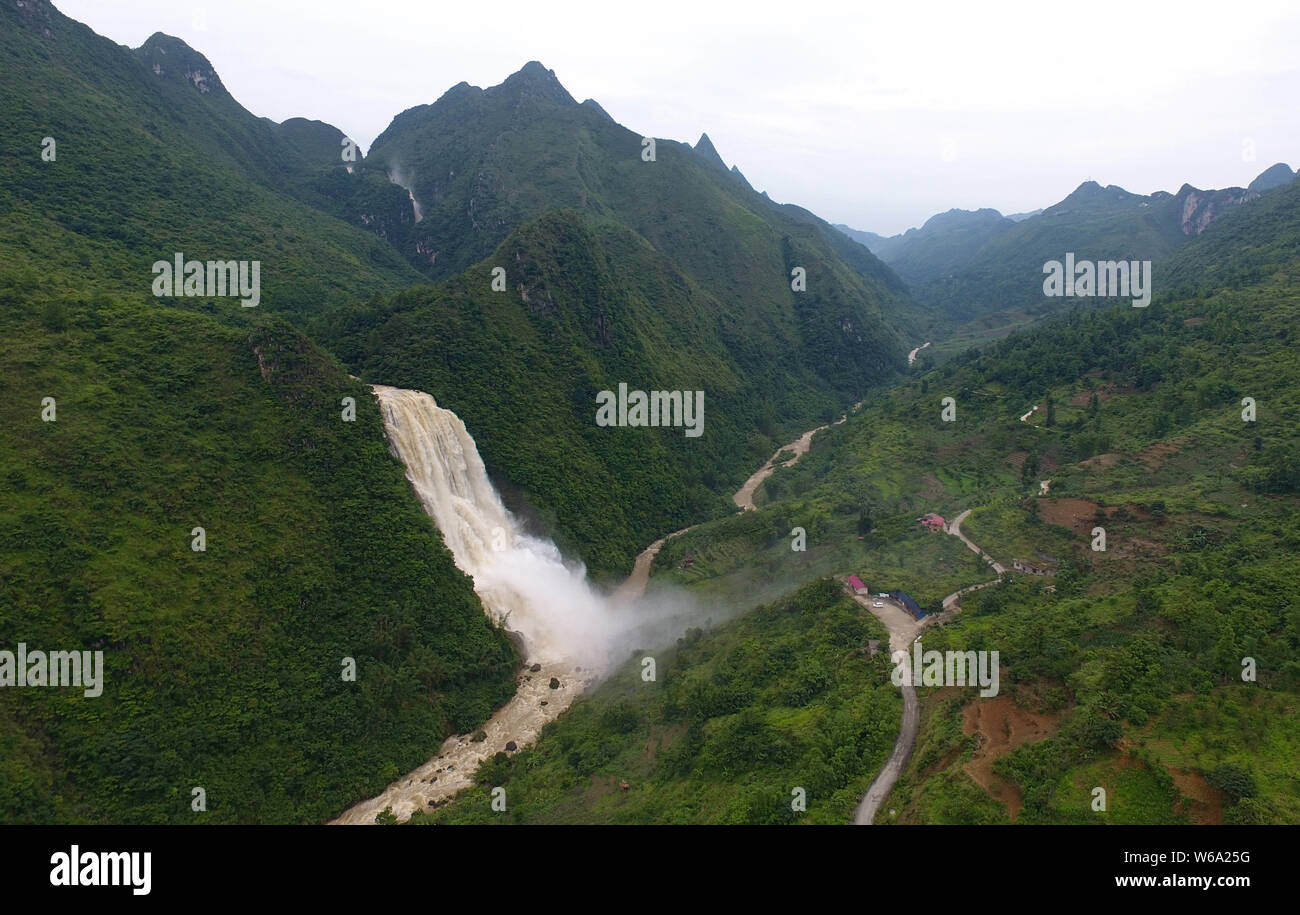 An aerial view of Dishuitan Waterfall near the Huangguoshu Waterfall in ...