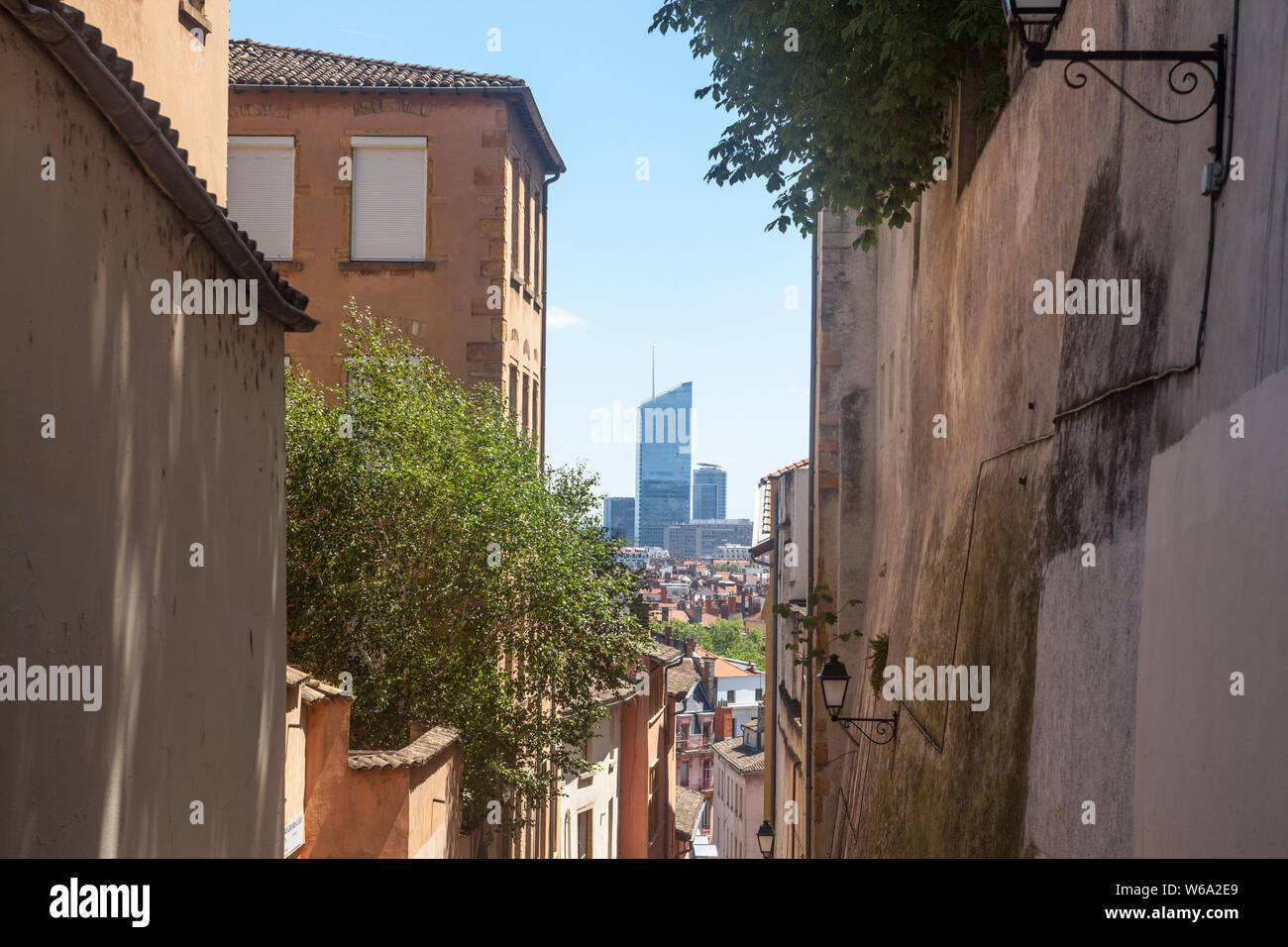 Lyon skyline with its modern skyscrapers seen from the old buildings ...
