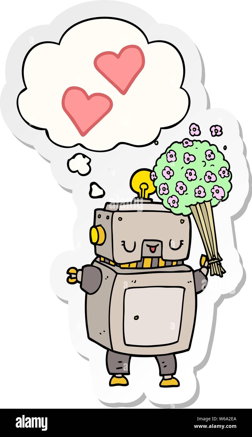 cartoon robot in love with thought bubble as a printed sticker Stock ...