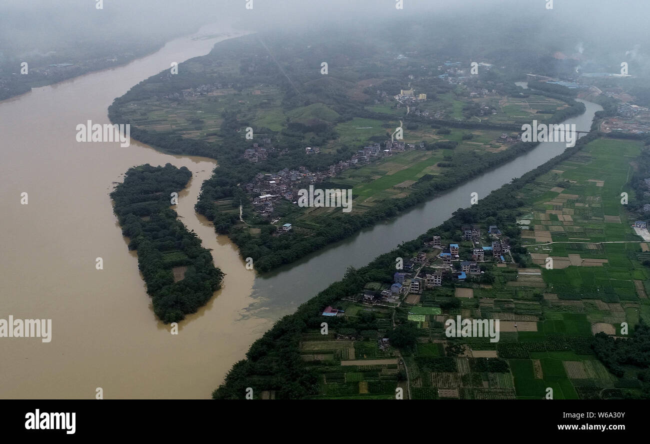 Aerial view of the Rongjiang river divided into two parts in Rong'an ...