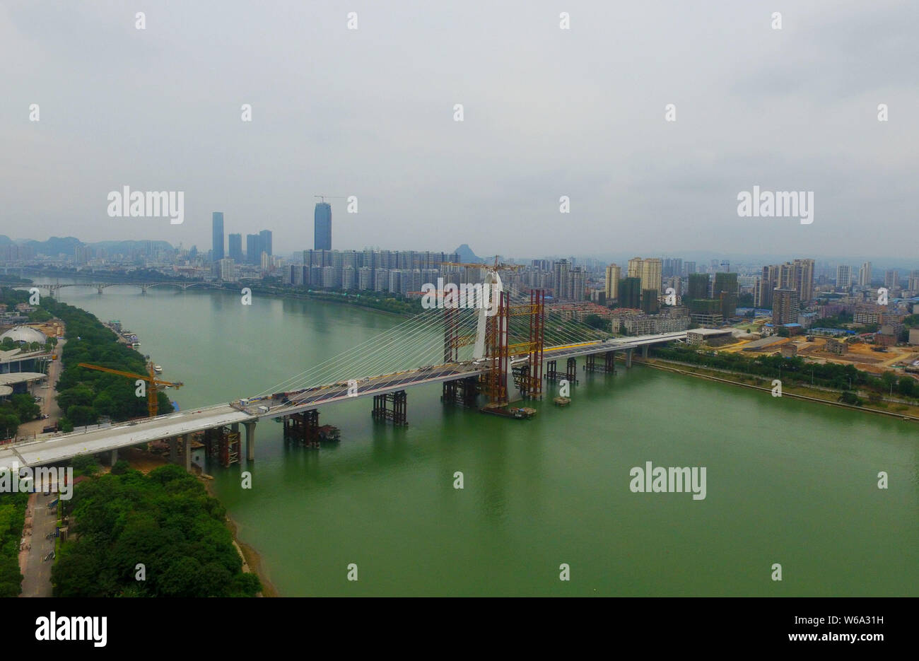 Aerial view of the construction site of the Baisha bridge, the world's ...