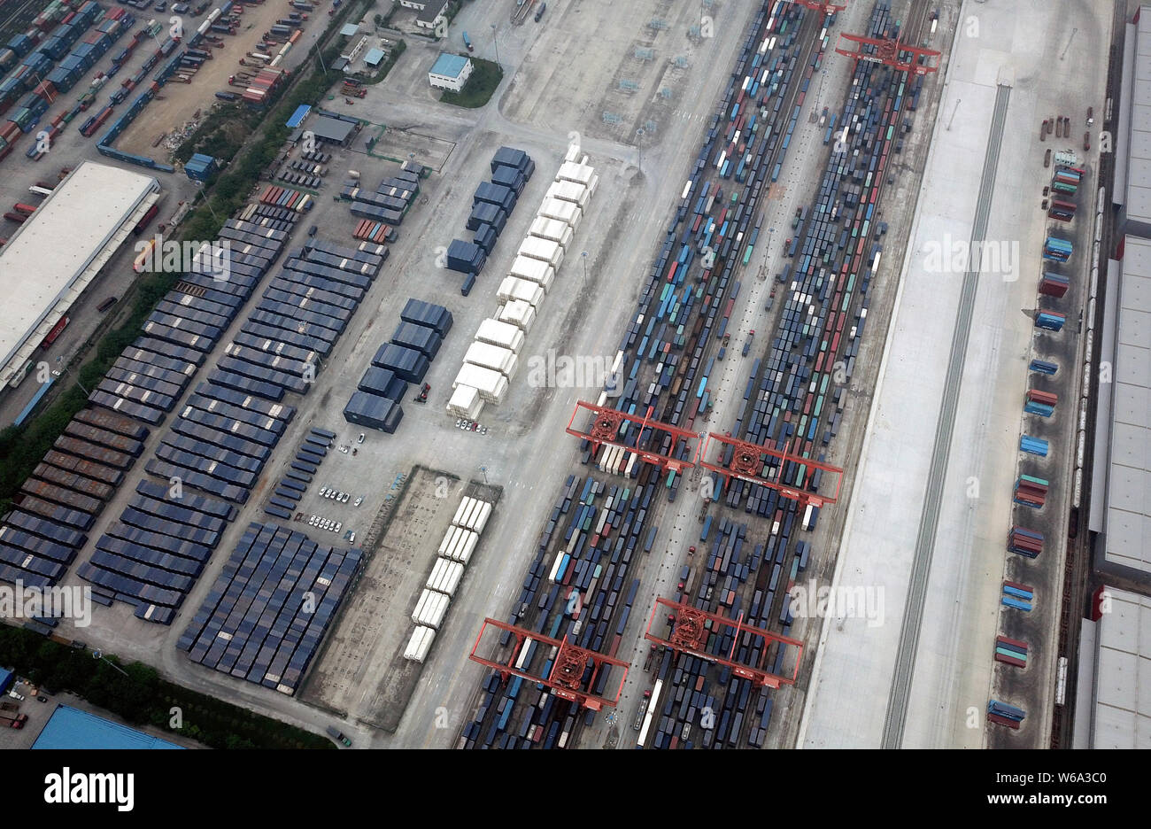 Cargo containers shipped by freight trains of the China-Europe Railway ...