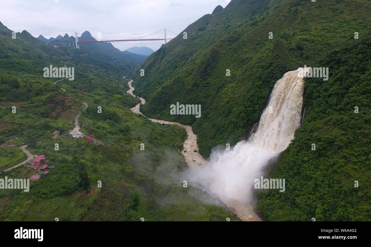 An aerial view of Dishuitan Waterfall near the Huangguoshu Waterfall in ...