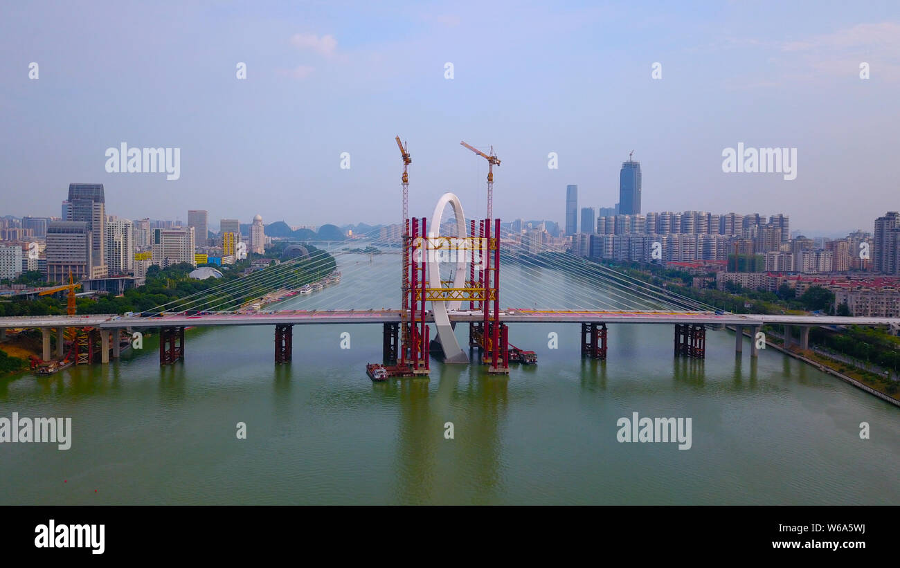 Aerial view of the construction site of the Baisha bridge, the world's ...