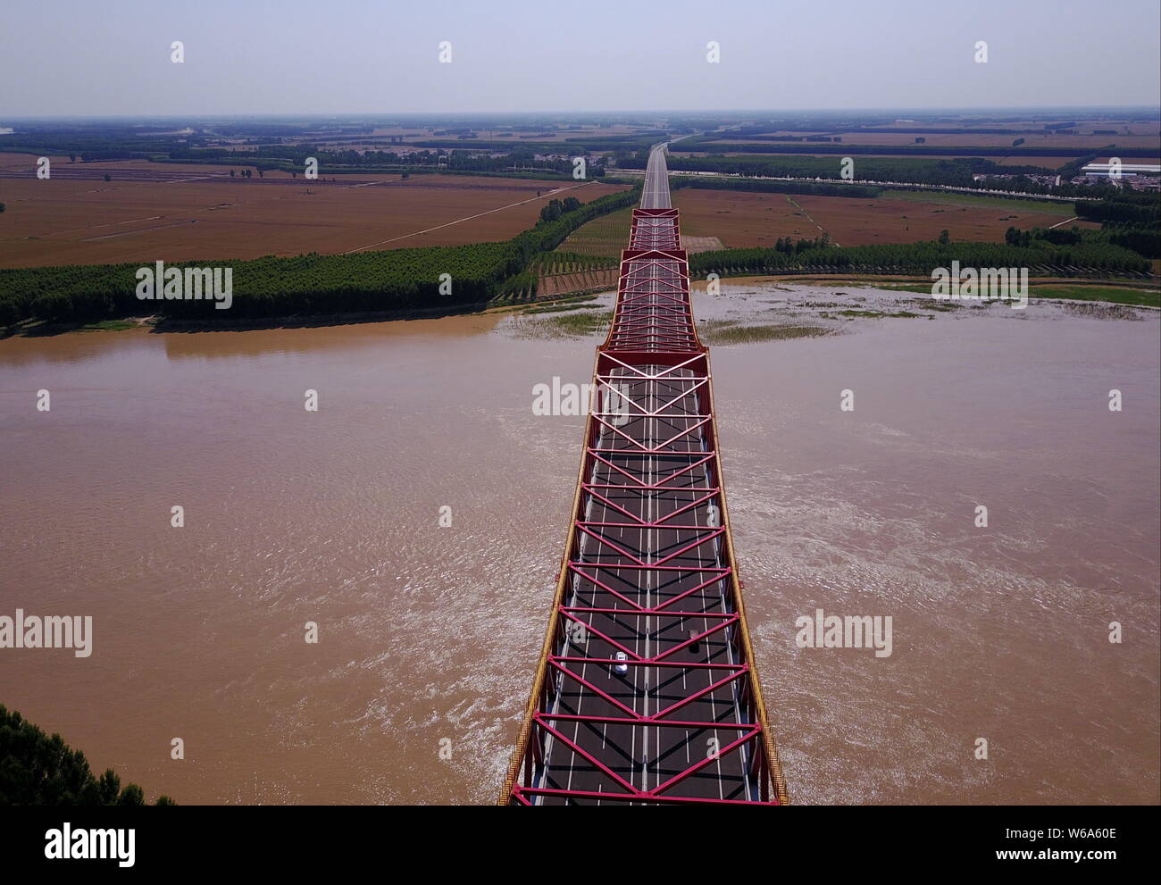 Aerial view of the Changqing Yellow River Highway Bridge in Ji'nan city ...
