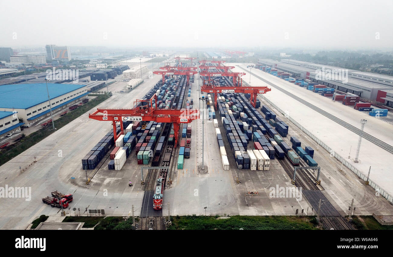 Cargo containers shipped by freight trains of the China-Europe Railway ...
