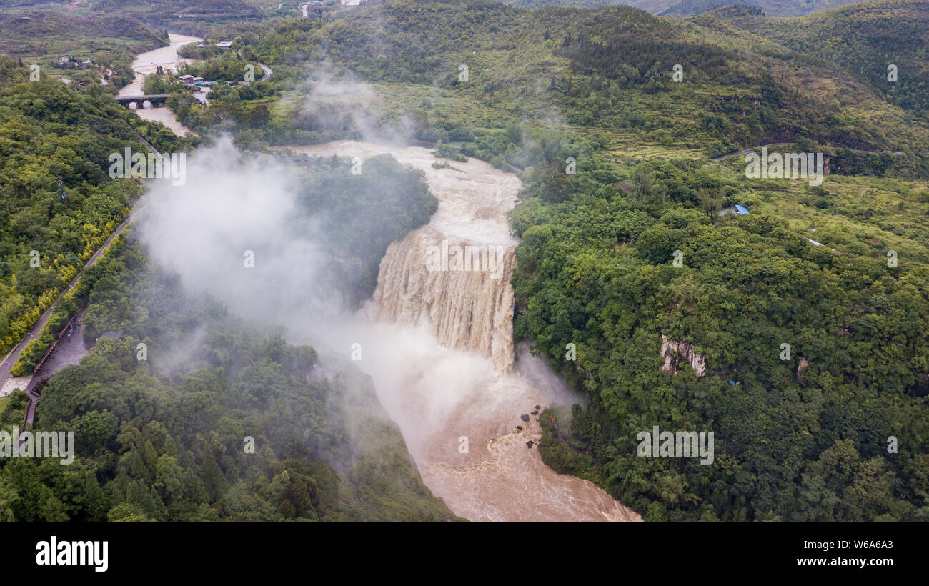 An aerial view of the Huangguoshu Waterfall in the biggest flow of the ...