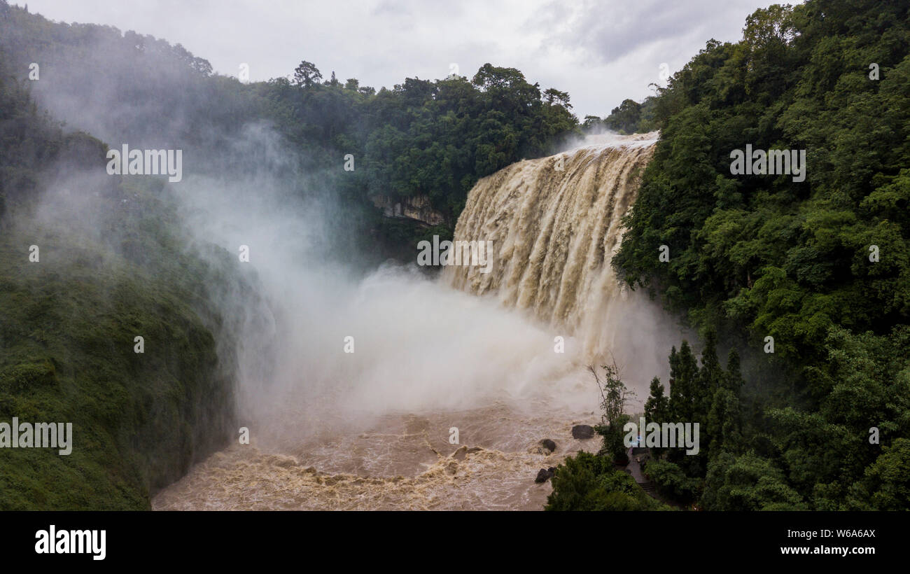 An aerial view of the Huangguoshu Waterfall in the biggest flow of the ...