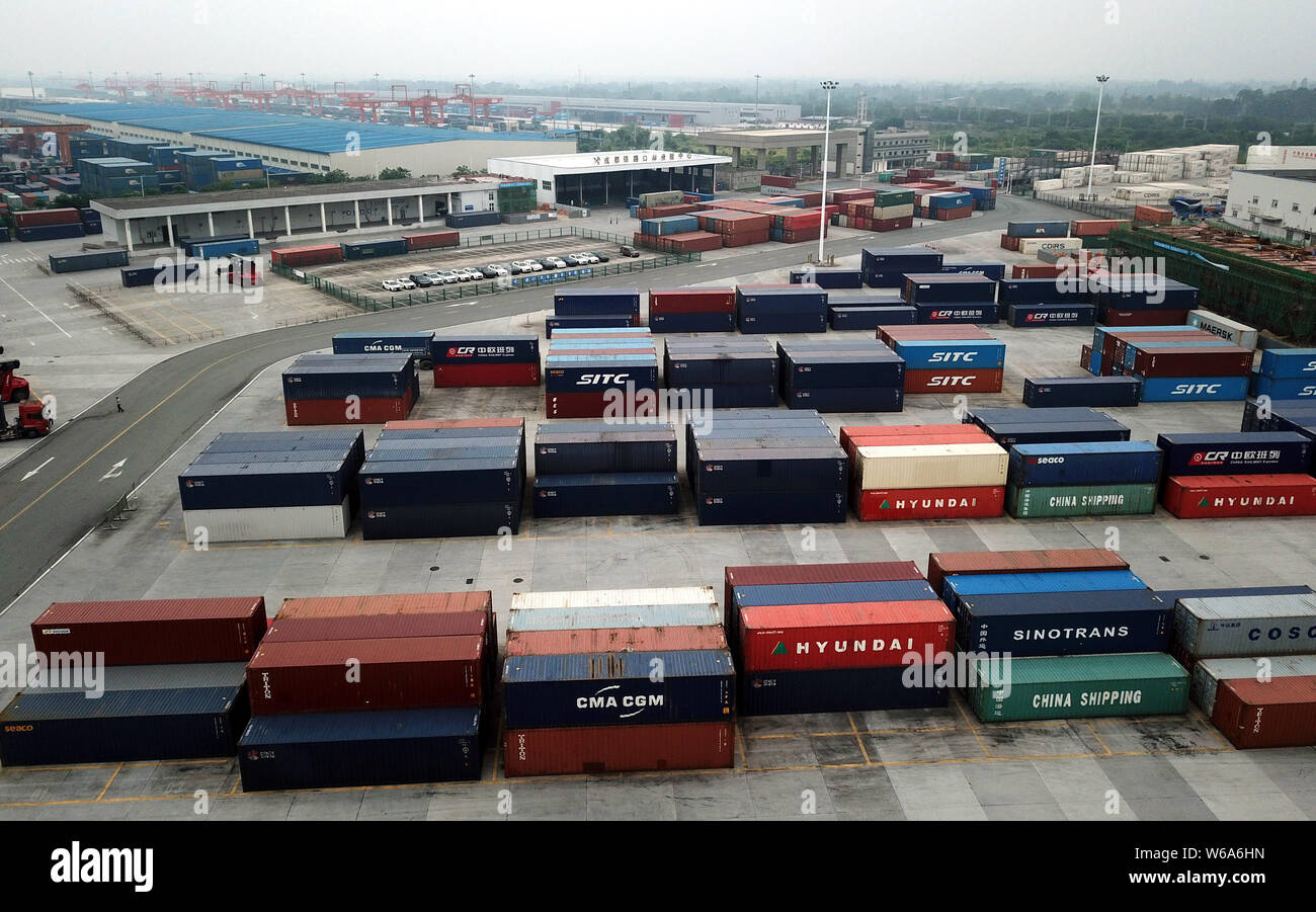 Cargo containers shipped by freight trains of the China-Europe Railway ...