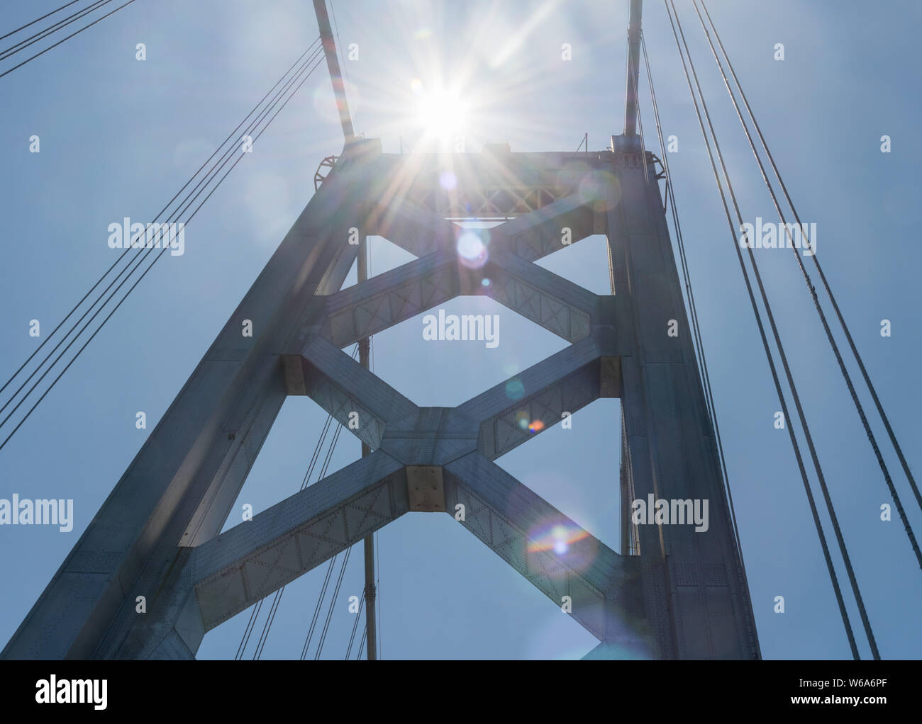 Sun shining on the tower of the Bay Bridge in San Francisco, Northern ...