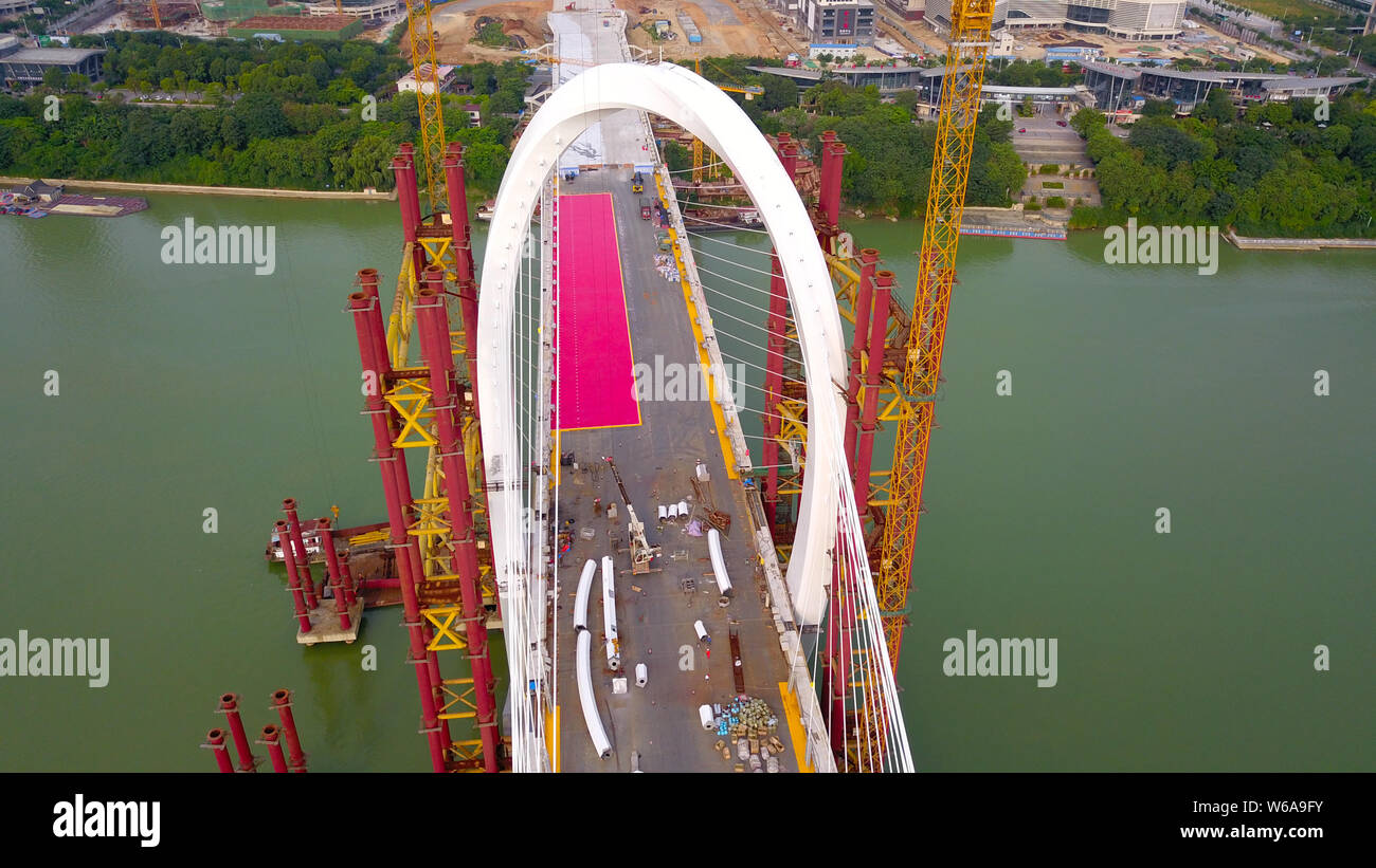 Aerial view of the construction site of the Baisha bridge, the world's ...