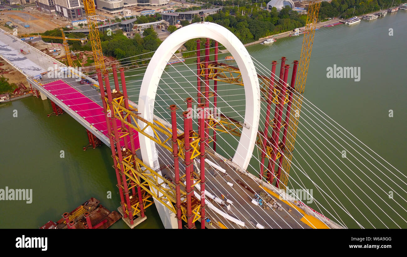 Aerial view of the construction site of the Baisha bridge, the world's ...