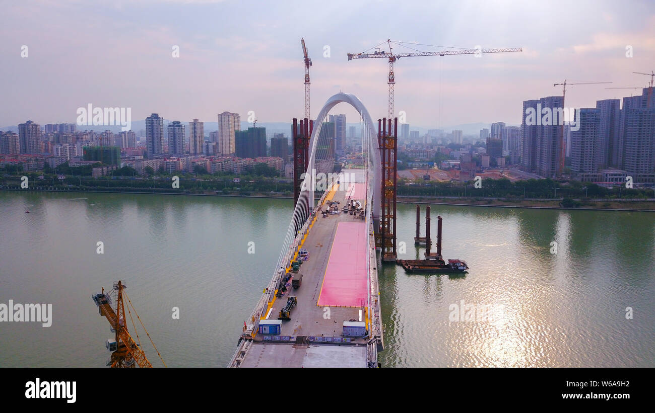 Aerial view of the construction site of the Baisha bridge, the world's ...