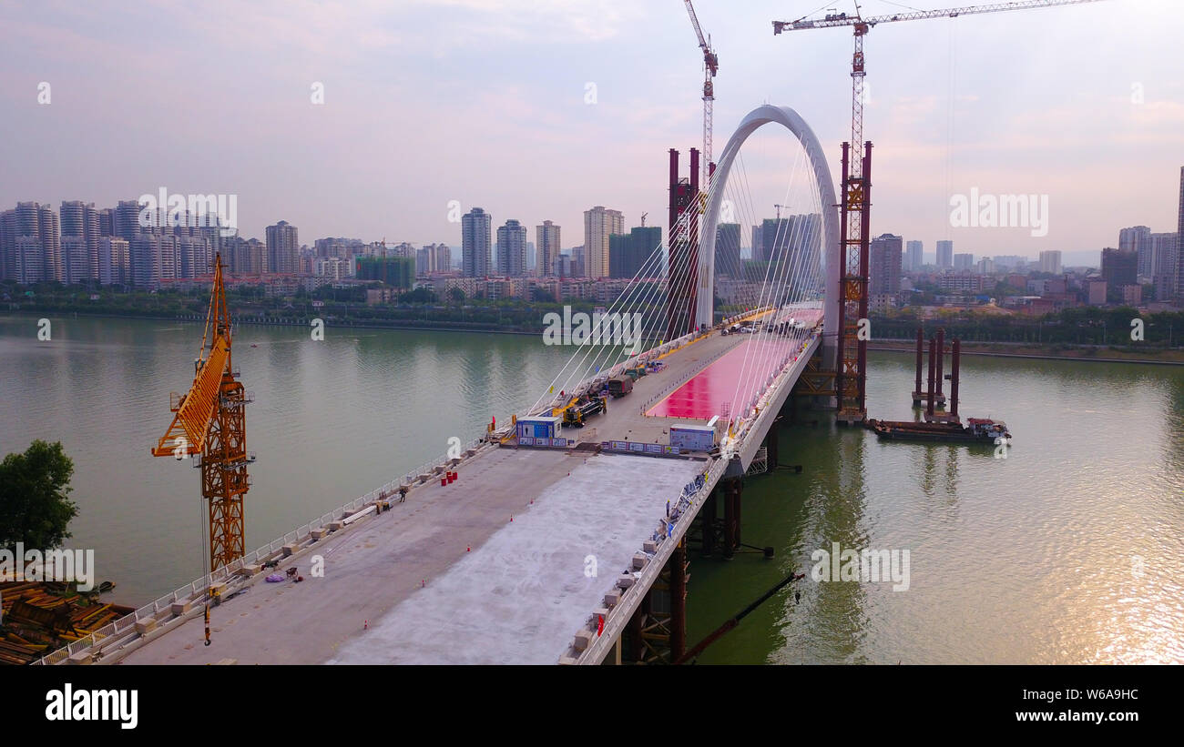 Aerial view of the construction site of the Baisha bridge, the world's ...