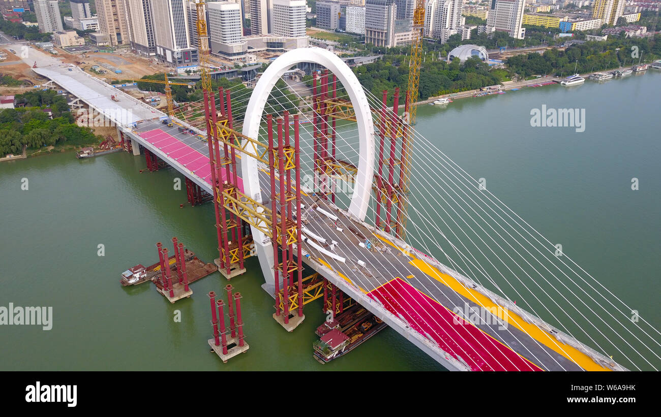 Aerial view of the construction site of the Baisha bridge, the world's ...