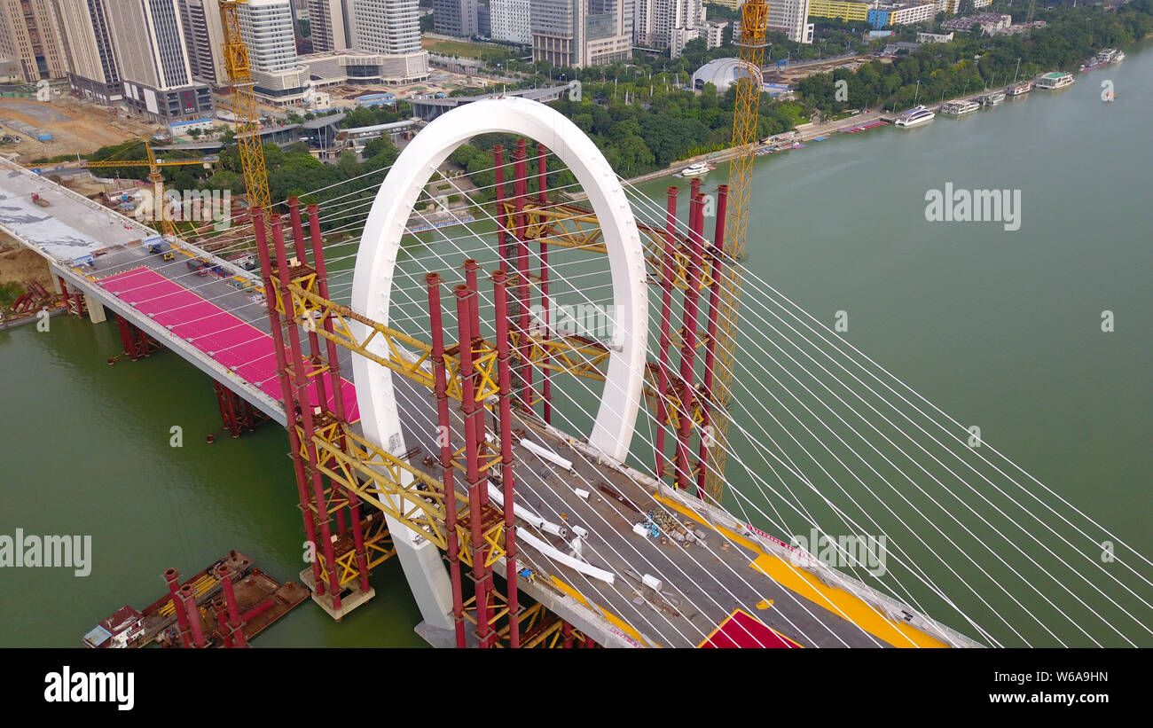 Aerial view of the construction site of the Baisha bridge, the world's ...