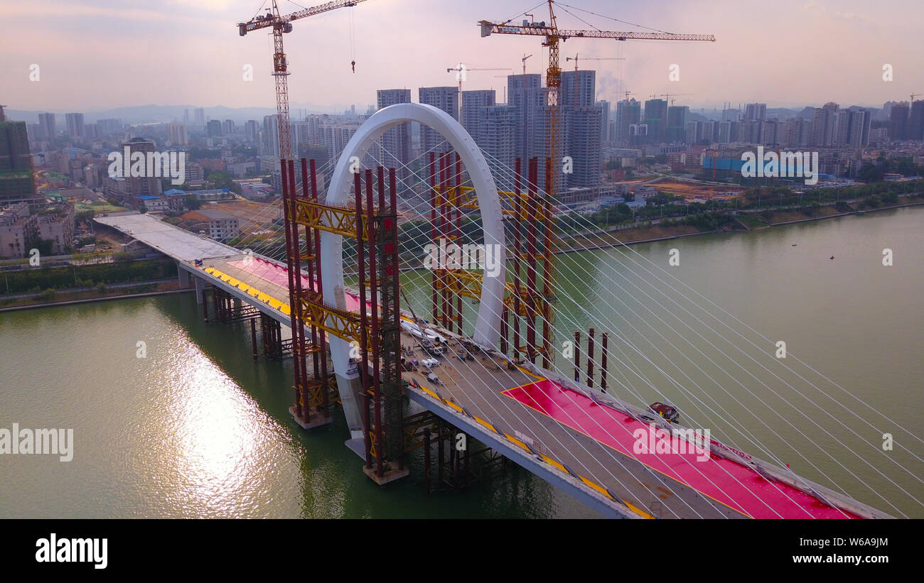 Aerial view of the construction site of the Baisha bridge, the world's ...