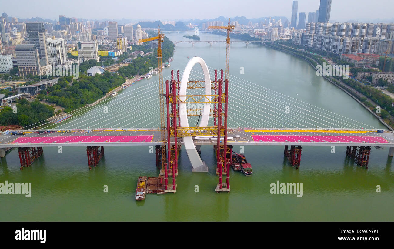 Aerial view of the construction site of the Baisha bridge, the world's ...