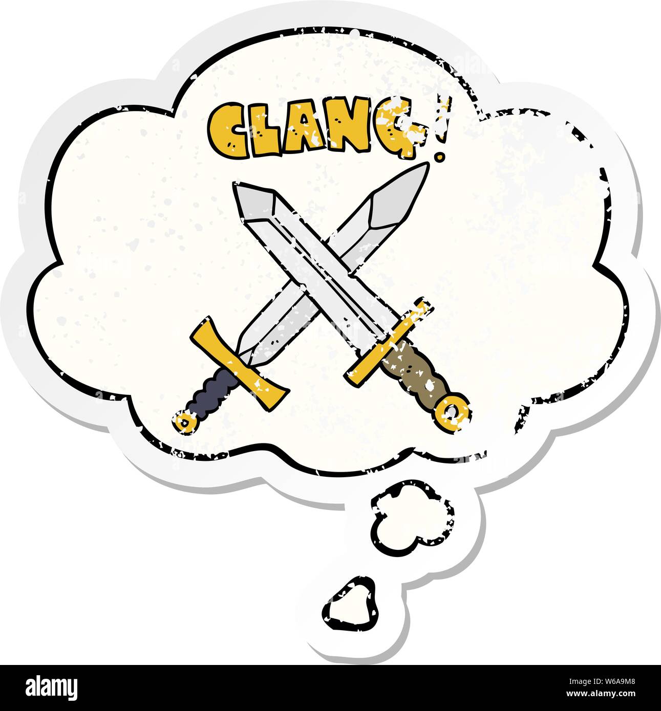 cartoon sword fight with thought bubble as a distressed worn sticker ...