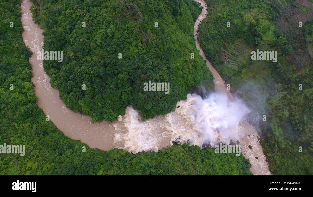 An aerial view of Dishuitan Waterfall near the Huangguoshu Waterfall in ...
