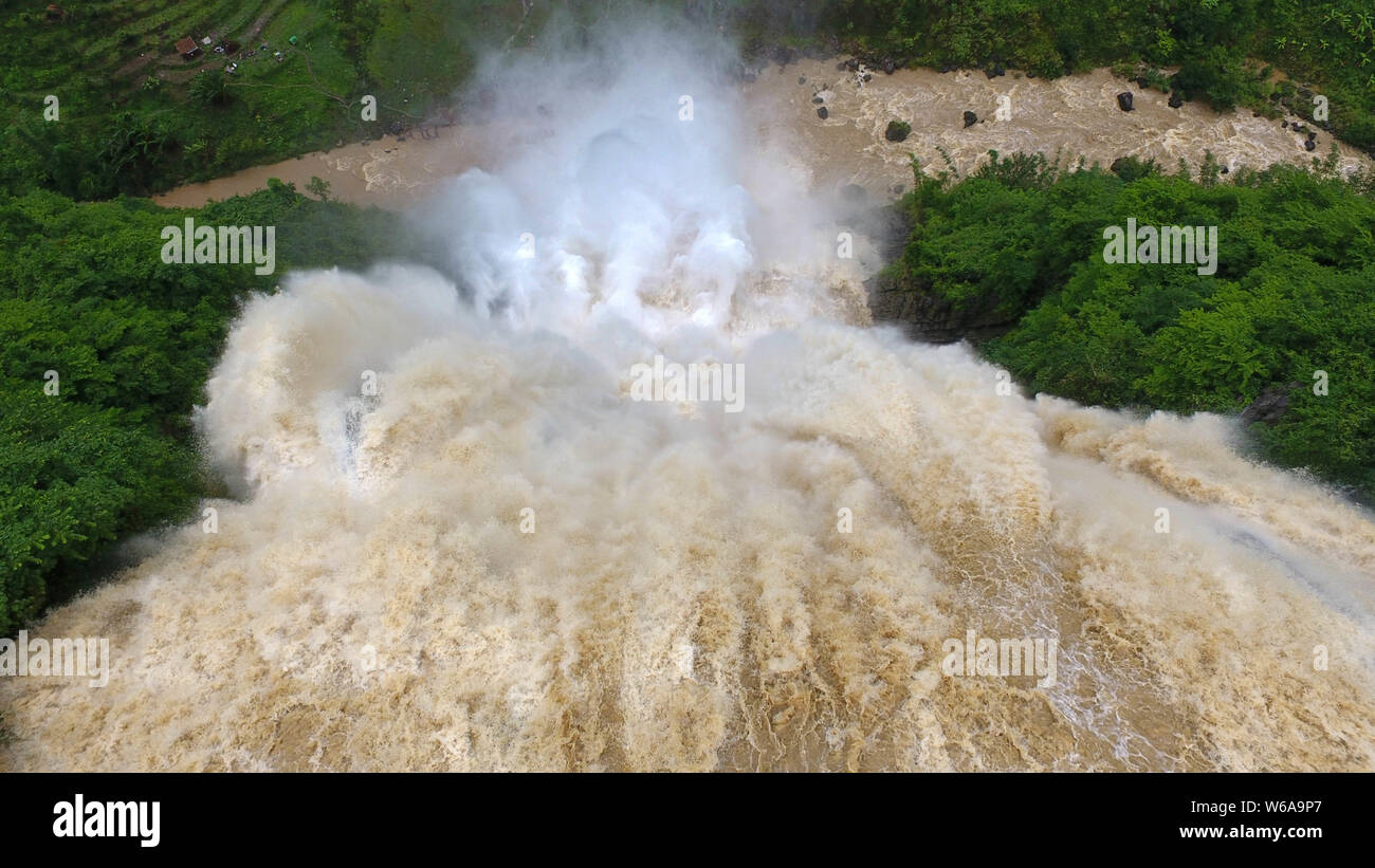 An aerial view of Dishuitan Waterfall near the Huangguoshu Waterfall in ...