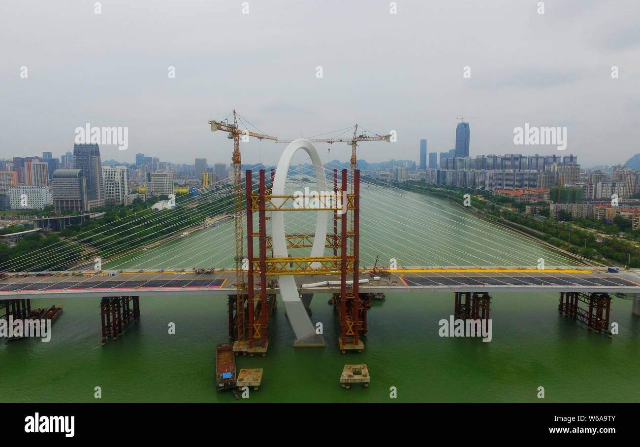 Aerial view of the construction site of the Baisha bridge, the world's ...