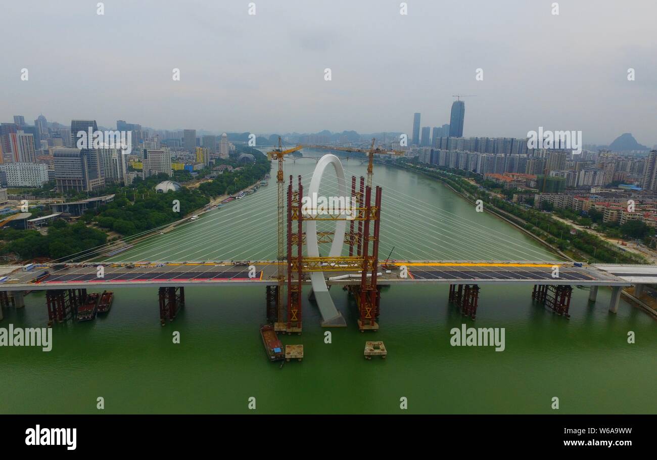 Aerial view of the construction site of the Baisha bridge, the world's ...