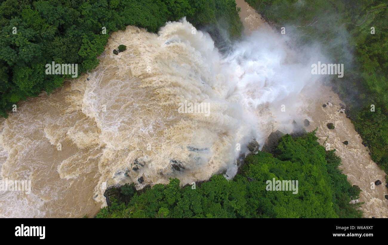 An aerial view of Dishuitan Waterfall near the Huangguoshu Waterfall in ...